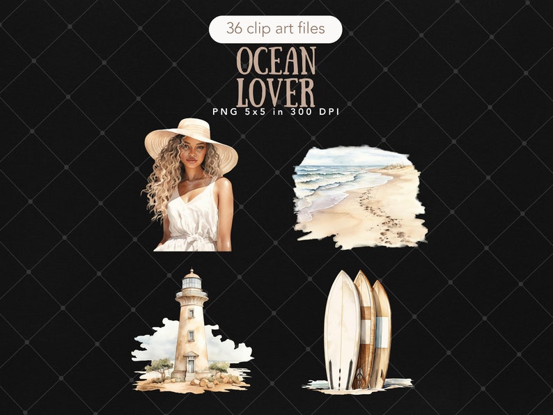 Watercolor Ocean Lover Clipart Bundle, Beach Time PNG Clip Art, Neutral ...