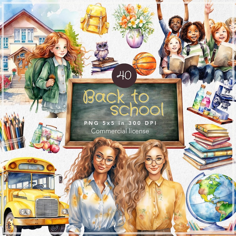 40 Watercolor School Clipart Back to School Clipart School - Etsy
