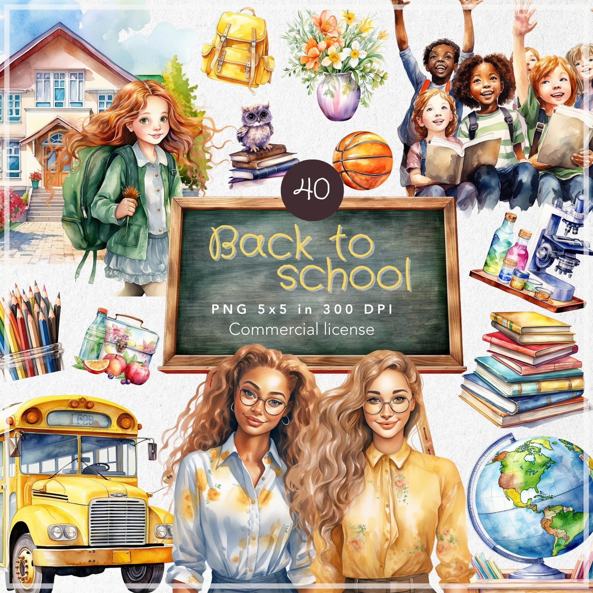 40 Watercolor School Clipart Back to School Clipart School - Etsy