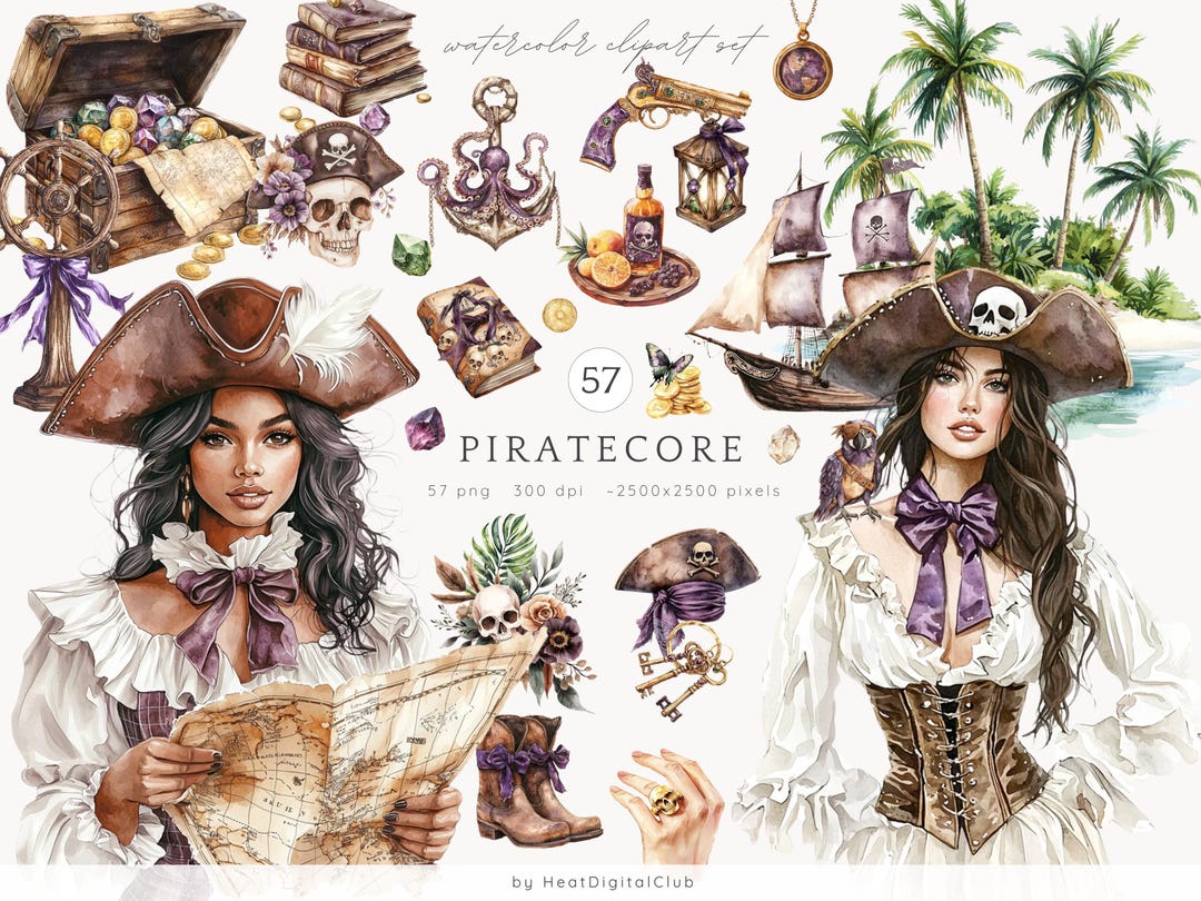 Watercolor Piratecore Clipart, Pirates PNG Bundle, Nautical Clip Art ...