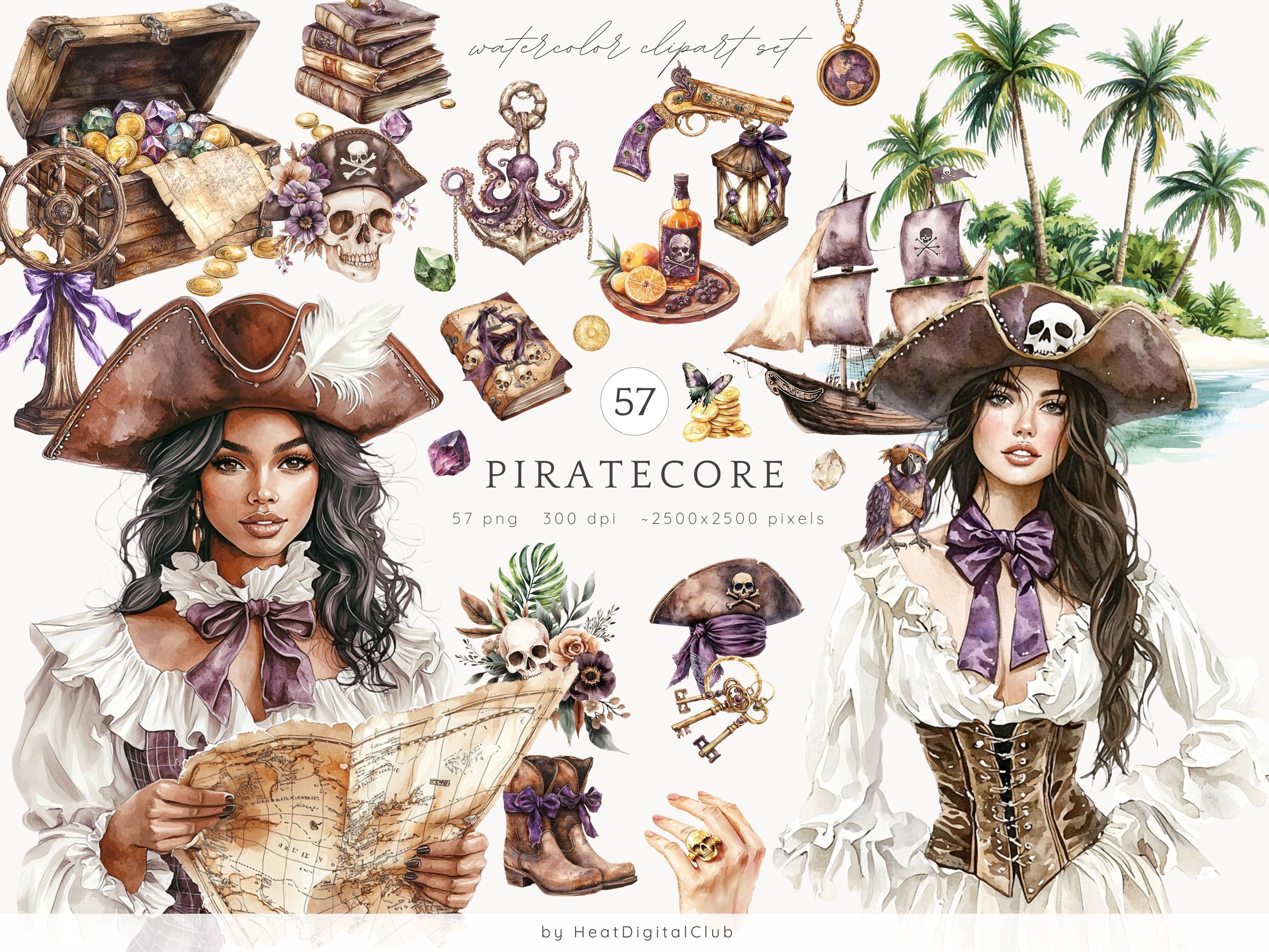 Watercolor Piratecore Clipart, Pirates PNG Bundle, Nautical Clip Art ...