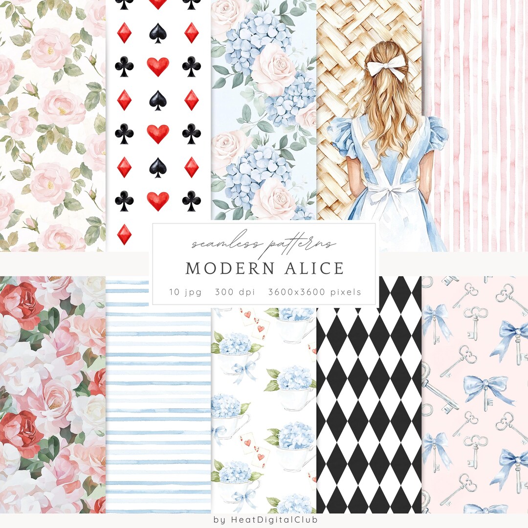 Watercolor Modern Alice Seamless Patterns, Fantasy Pattern JPEG, Floral ...