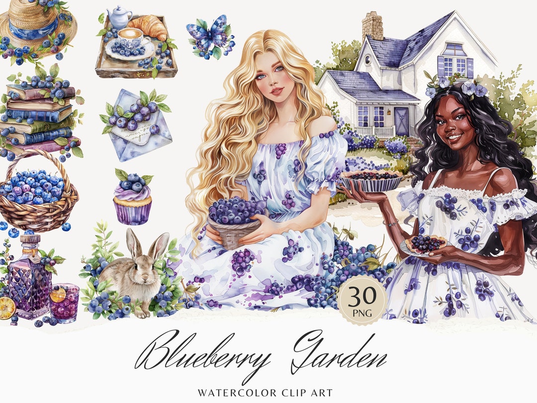 Watercolor Blueberry Garden Clipart Bundle, Berries Clip Art, Summer ...