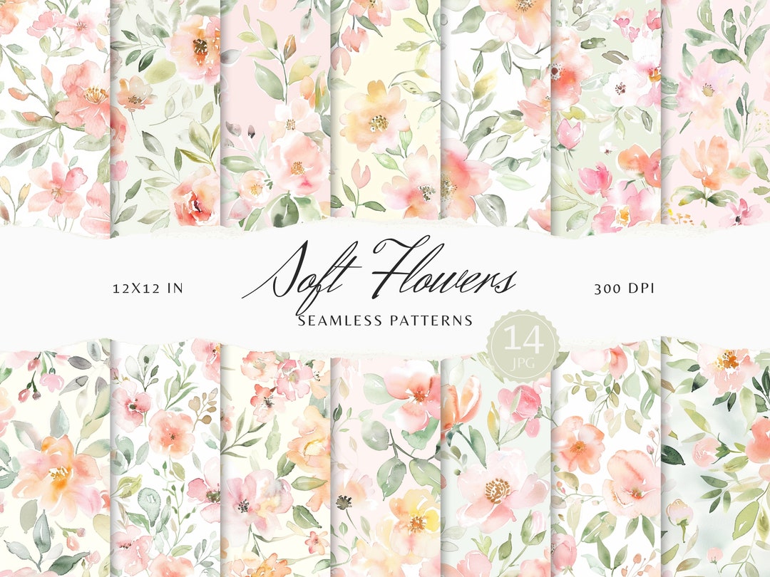 Watercolor Soft Flowers Seamless Patterns, Pastel Floral JPEG ...