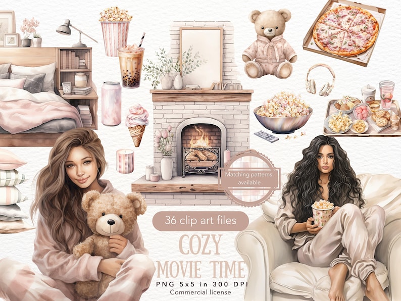 Watercolor Cozy Movie Time Clipart Bundle, Romantic Cottagecore Clip ...