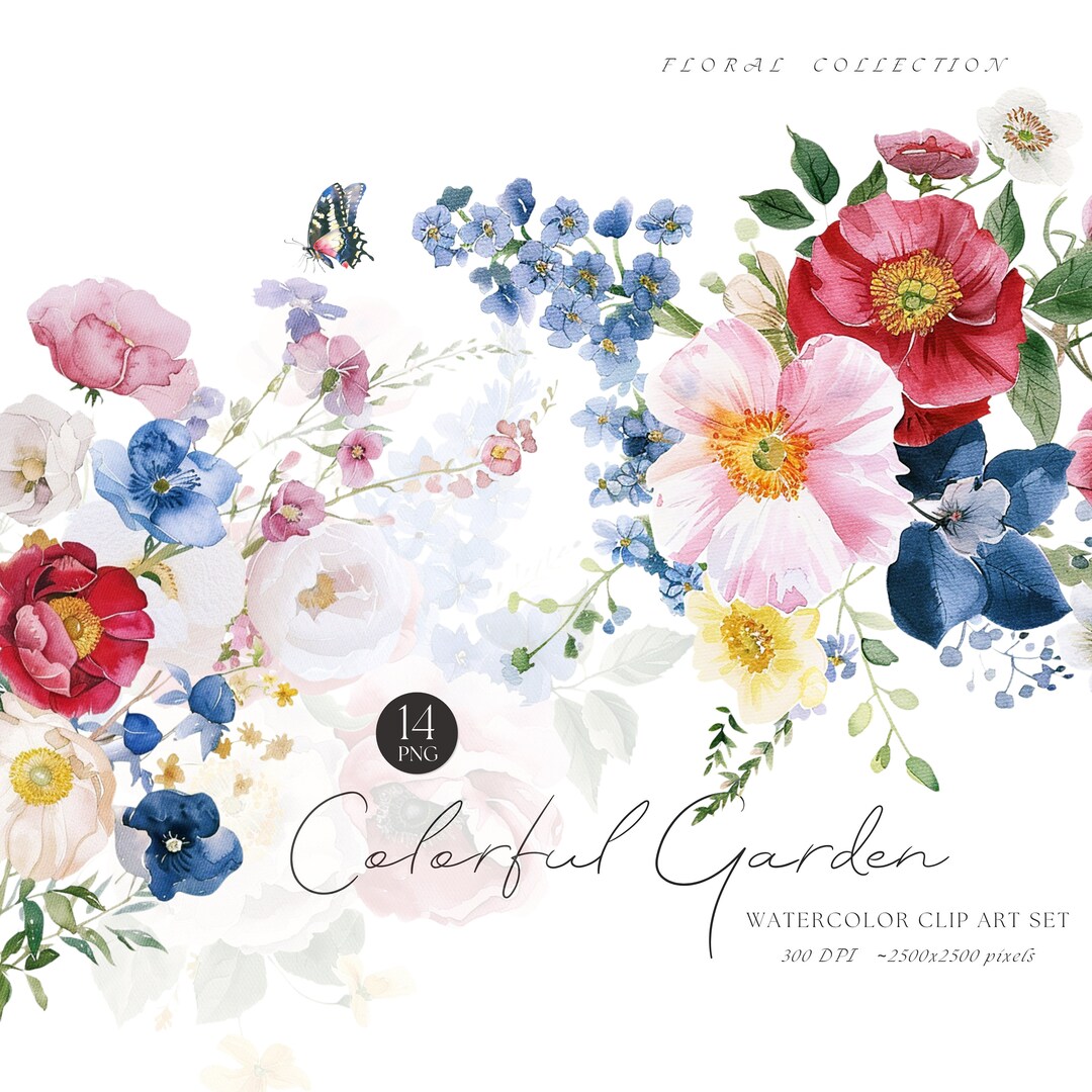 Watercolor Floral Clipart, Colorful Garden Clip Art, Flower PNG ...