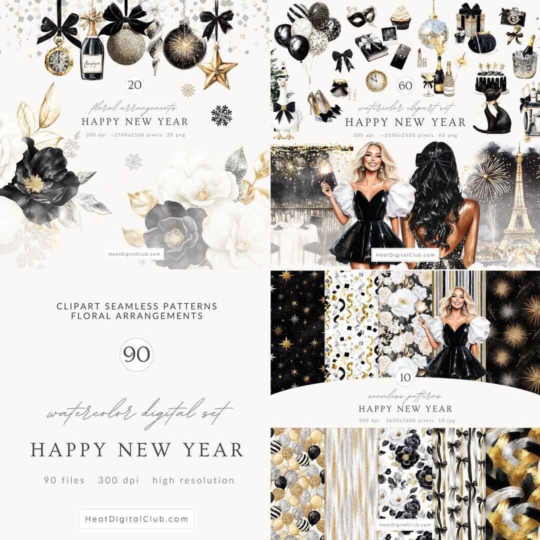 Watercolor Happy New Year Clipart, Black Gold Silver Party PNG, Party ...