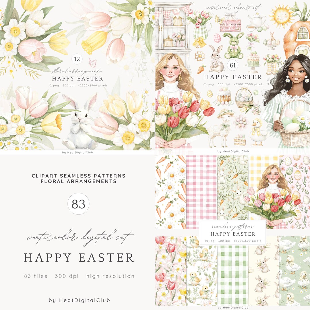 Watercolor Happy Easter Clipart, Easter Eggs Clip Art, Easter Cottage ...