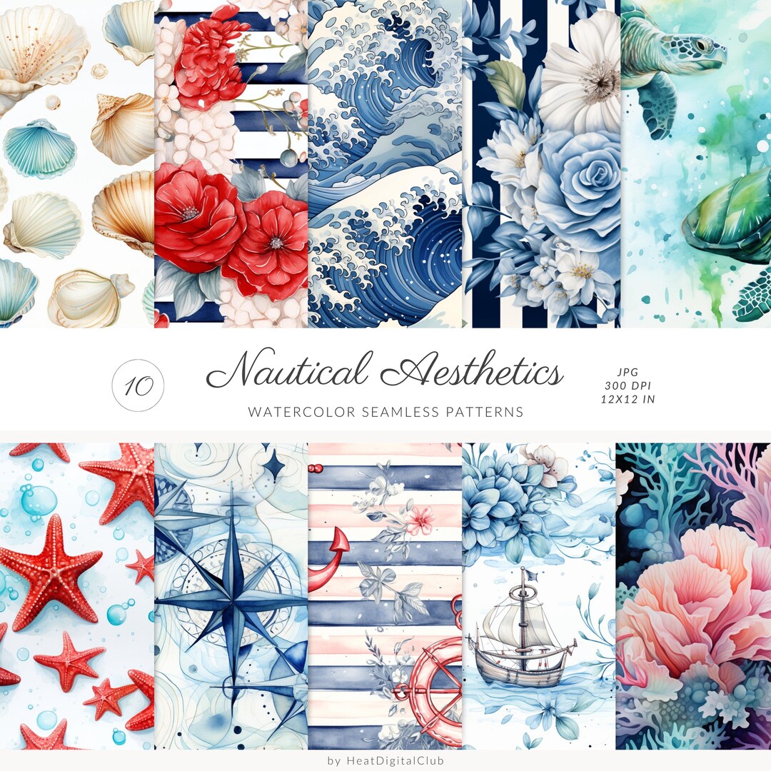 10 Seamless Watercolor Nautical Patterns, Romantic Navy Digital ...