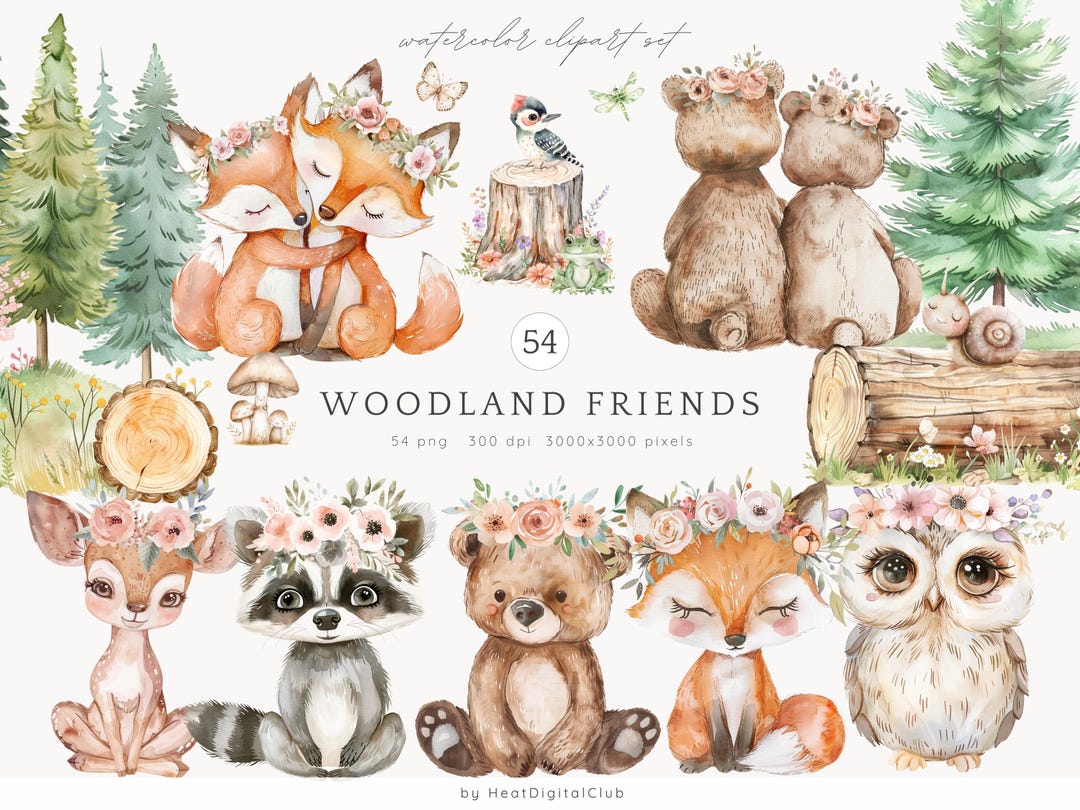 Watercolor Woodland Friends Clipart Bundle, Cute Forest Animals Clip ...