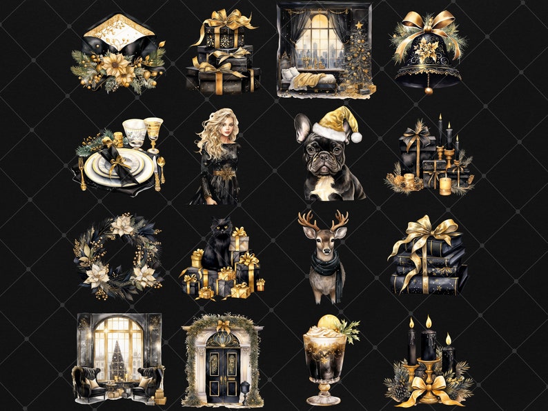 Watercolor Black & Gold Christmas Clipart Bundle, Festive Holiday Clip ...