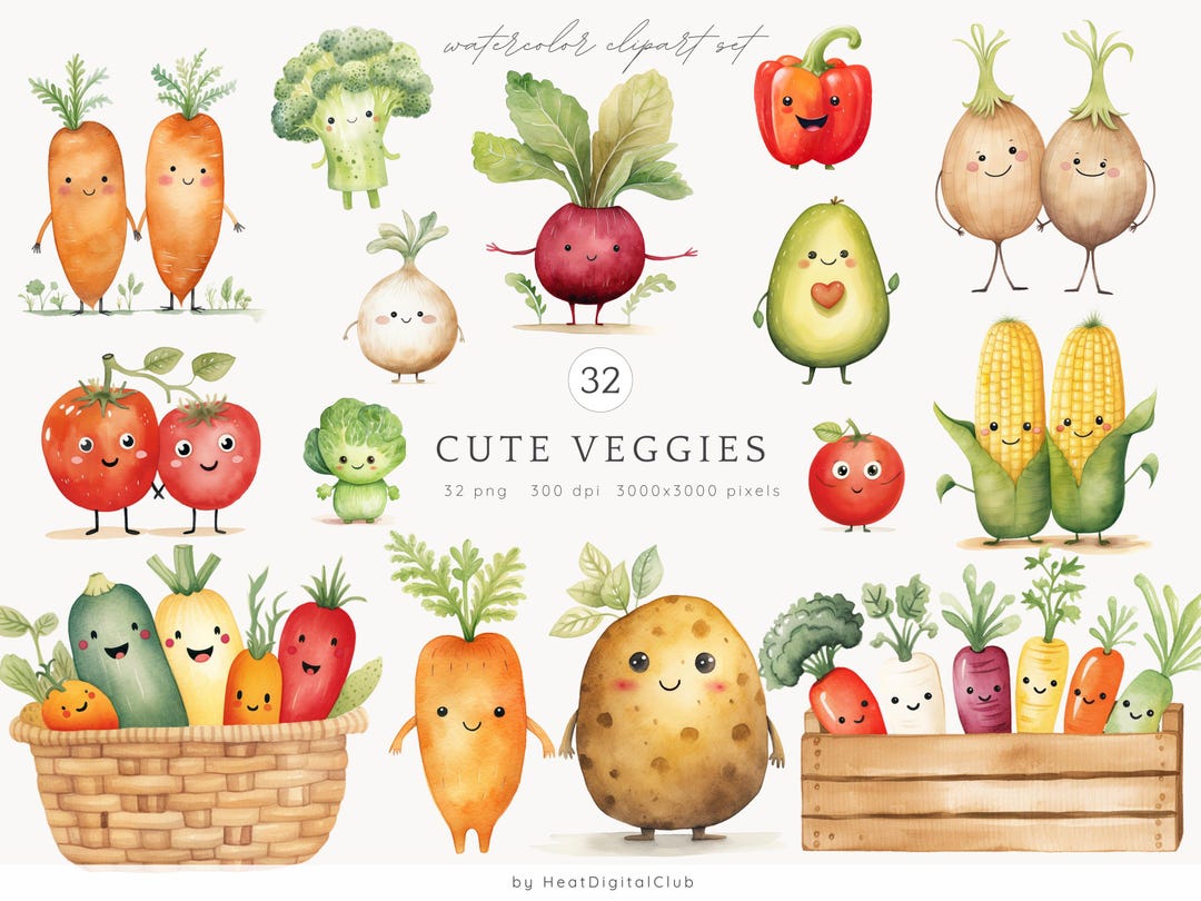 Watercolor Cute Veggies Clipart Bundle, Funny Vegetables Clip Art, Kids ...