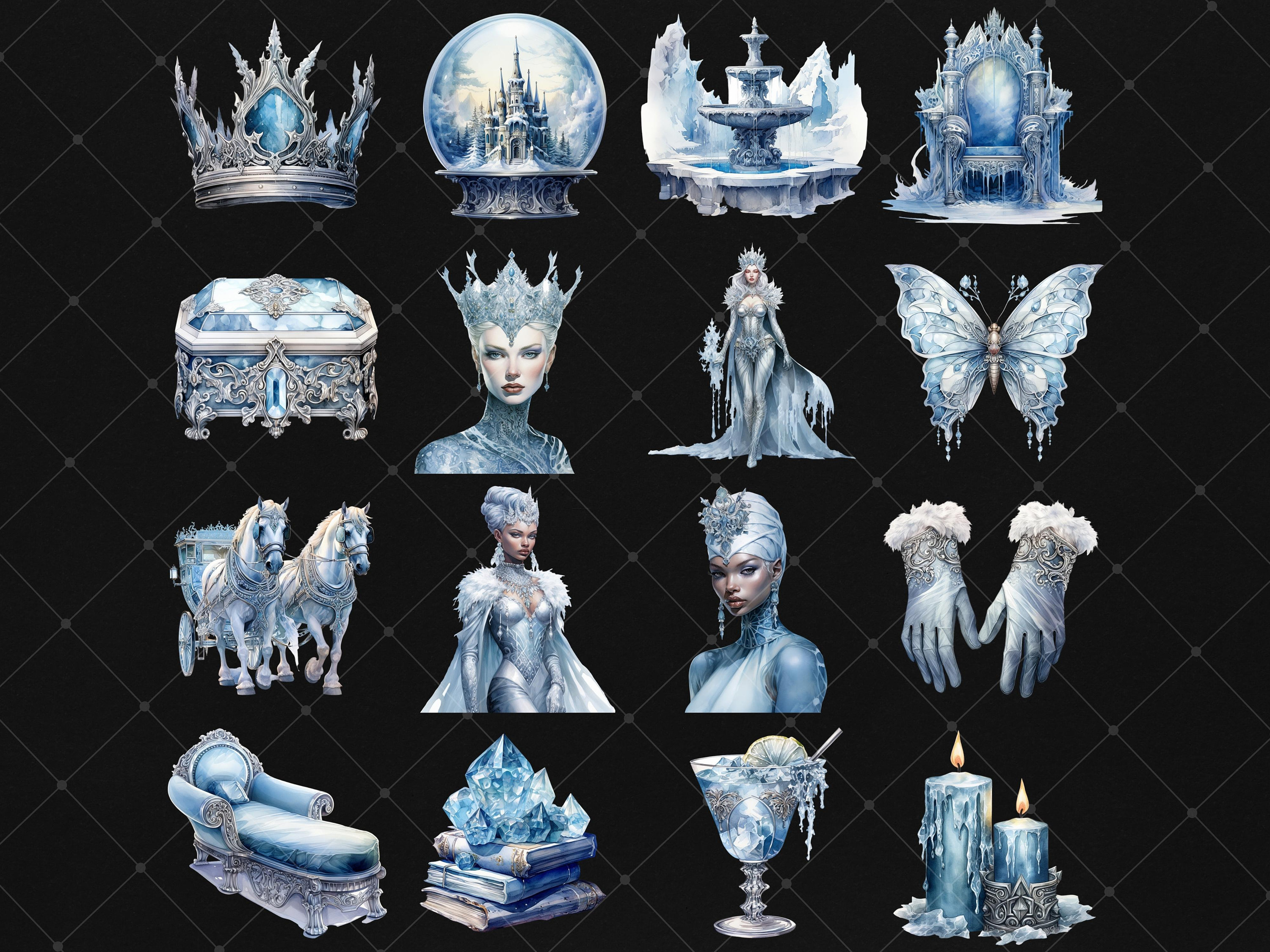 Watercolor Winter Ice Queen Clipart Bundle PNG, Magical Winter ...