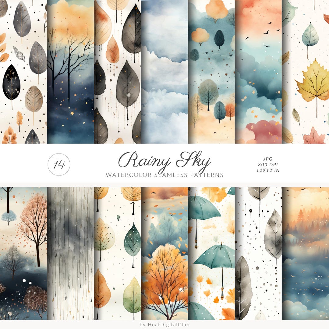 Seamless Watercolor Fall Sky Patterns, Cozy Rainy Autumn Leaves Pattern ...