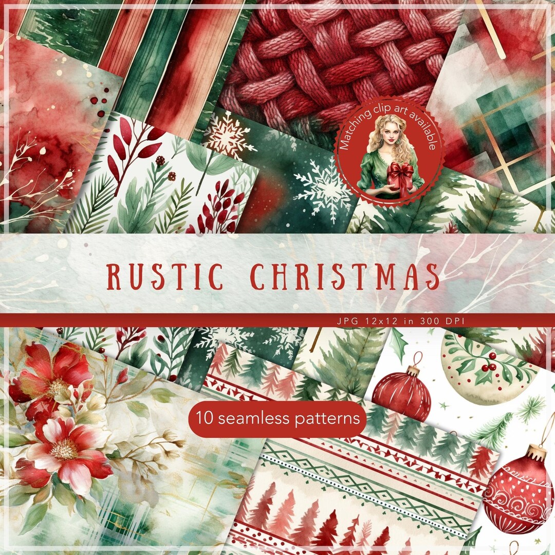 Seamless Watercolor Rustic Christmas Patterns, Xmas Holiday Farmhouse ...