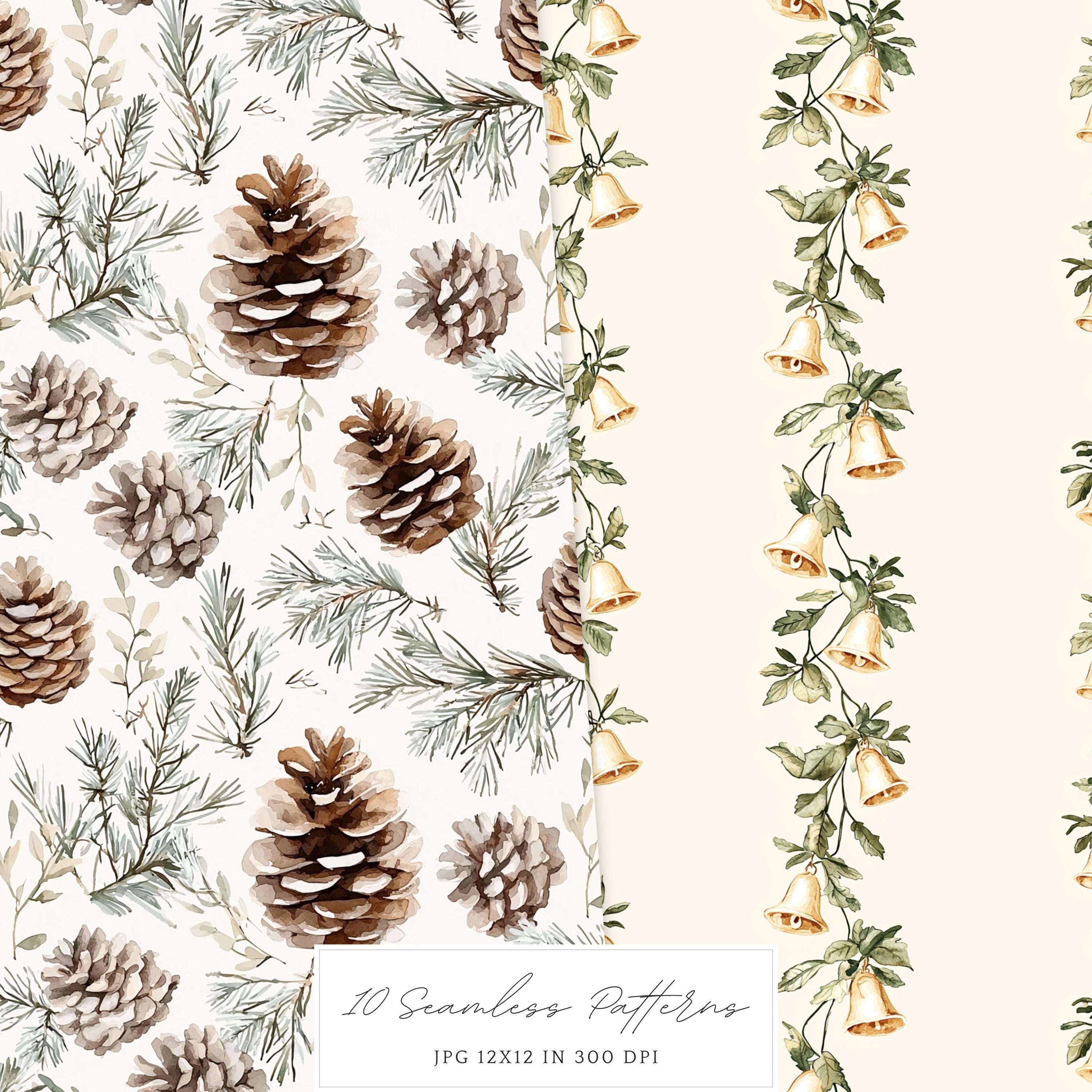 Watercolor Christmas Seamless Patterns, Organic and Cozy Xmas JPEG ...