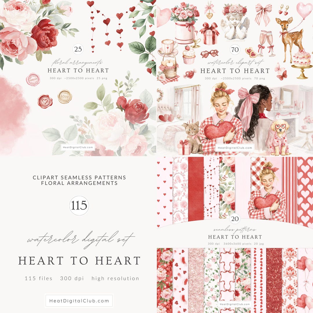 Watercolor Heart to Heart Valentine's Day Clipart, Cute Animals, Hearts ...