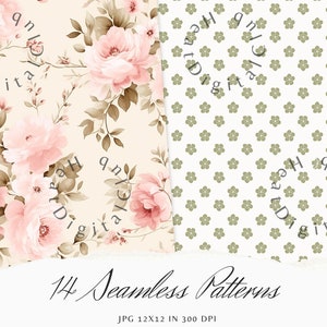 Watercolor Shabby Chic Seamless Patterns, Pastel Floral JPEG, Stripes ...