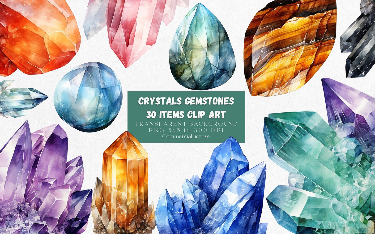 Watercolor Crystals Gemstones Clip Art Crystals and Minerals - Etsy