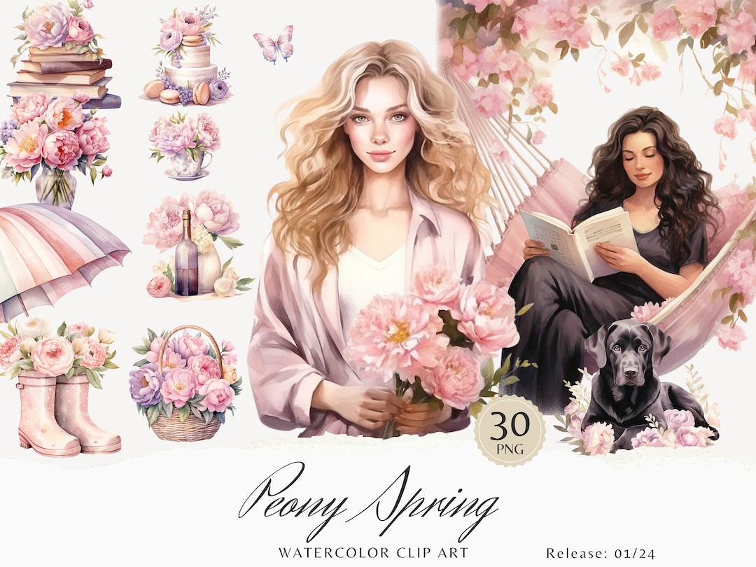 Watercolor Peony Spring Clipart, Cozy Spring Clip Art, Floral Graphics ...