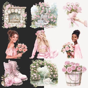 Watercolor Rose Garden Clipart Bundle, Pink Roses Clip Art, Summer ...