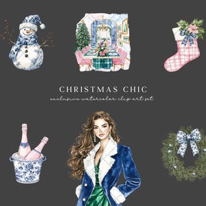 Watercolor Grandmillennial Christmas Clipart, Chinoiserie Clip Art ...