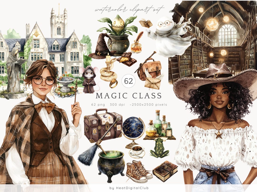 Watercolor Magic Class Clipart, Wizard School Clipart, Witch PNG, Magic ...