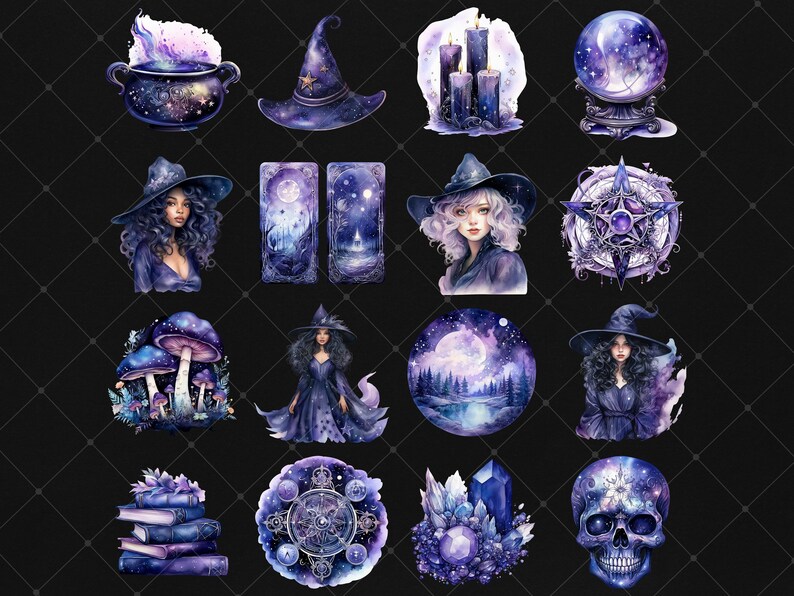Watercolor Cosmic Witch Clipart Bundle, Celestial Magic Witch Clip Art ...