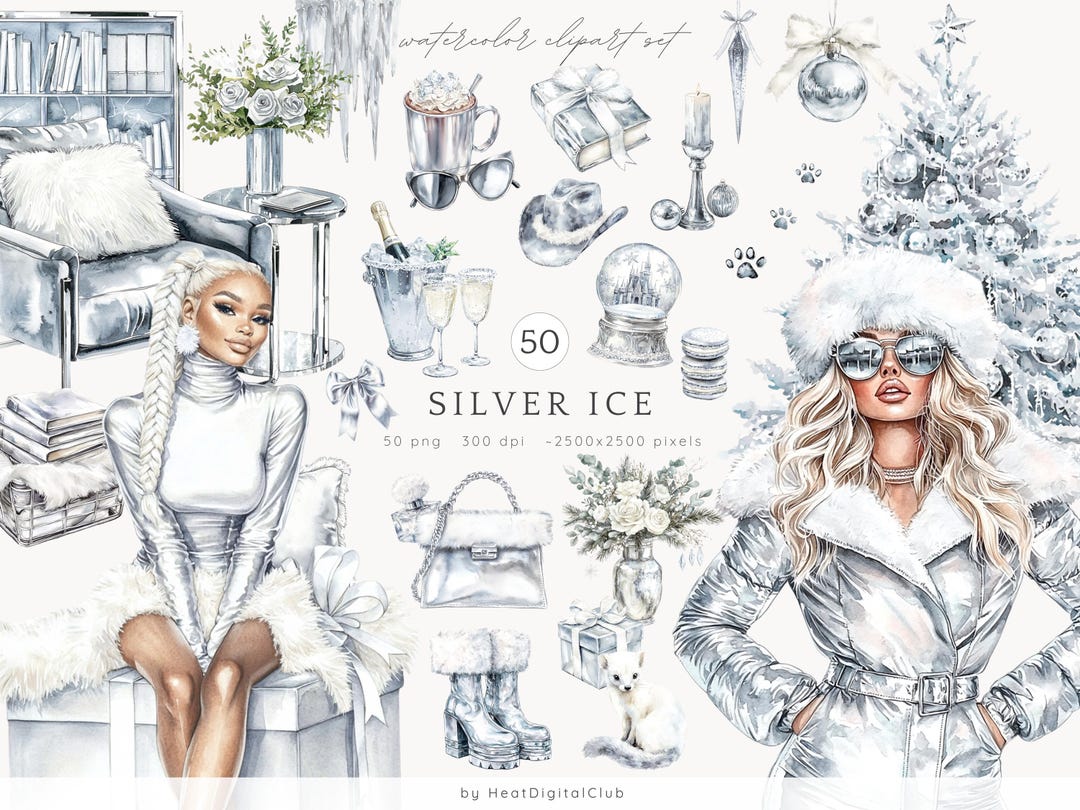 Watercolor Silver Ice Clipart, Cozy Winter Clip Art Bundle, Modern ...