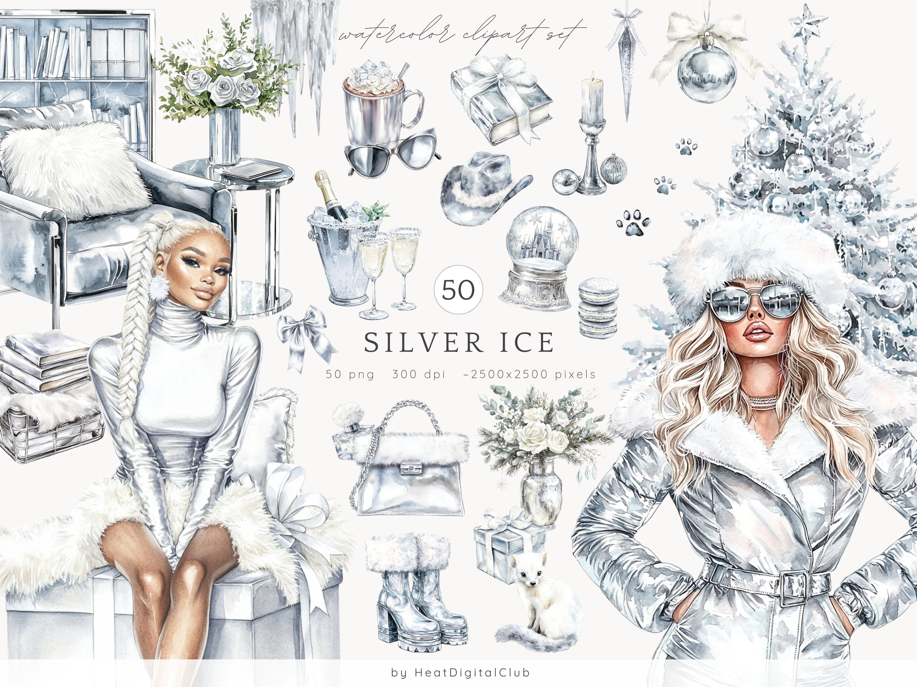 Watercolor Silver Ice Clipart, Cozy Winter Clip Art Bundle, Modern ...