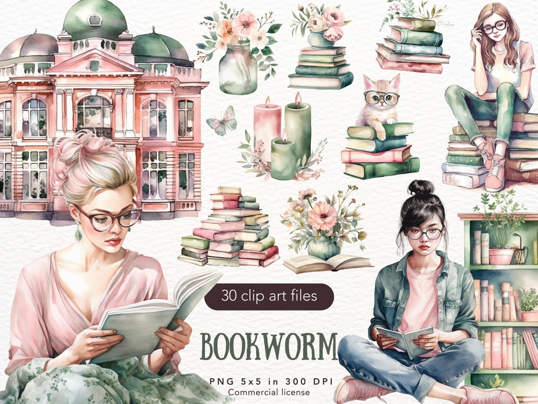 Watercolor Pink Green Bookworm Clip Art Bundle, Bookshelf, Book Lover ...