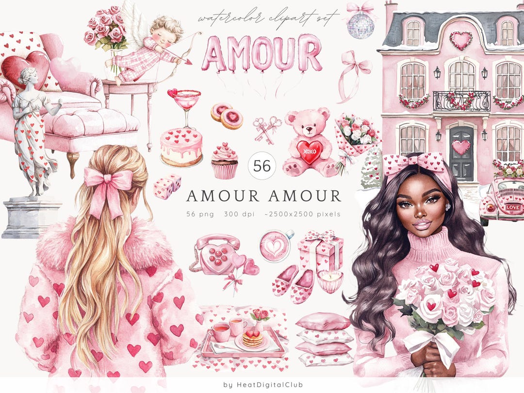 Watercolor Valentines Day Clipart Bundle, Romantic Clip Art PNG, Amour ...