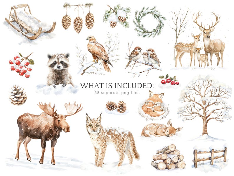 Watercolor Winter Woodland Clipart, Winter Clip Art, Winter Animals ...