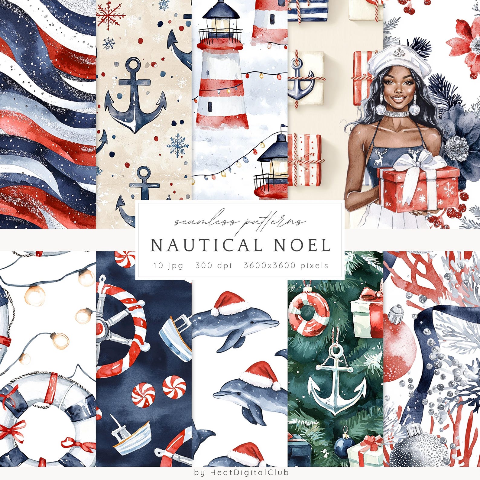 Watercolor Nautical Noel Seamless Patterns, Winter Christmas JPEG ...