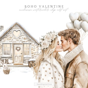 Watercolor Boho Valentines Day Clipart Bundle, Romantic Clip Art PNG ...