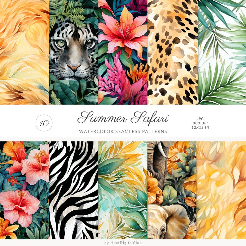 10 Seamless Watercolor Summer Safari Floral Patterns, Animal Print ...