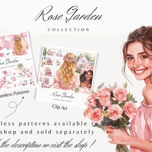 Watercolor Rose Garden Clipart Bundle, Pink Roses Clip Art, Summer ...