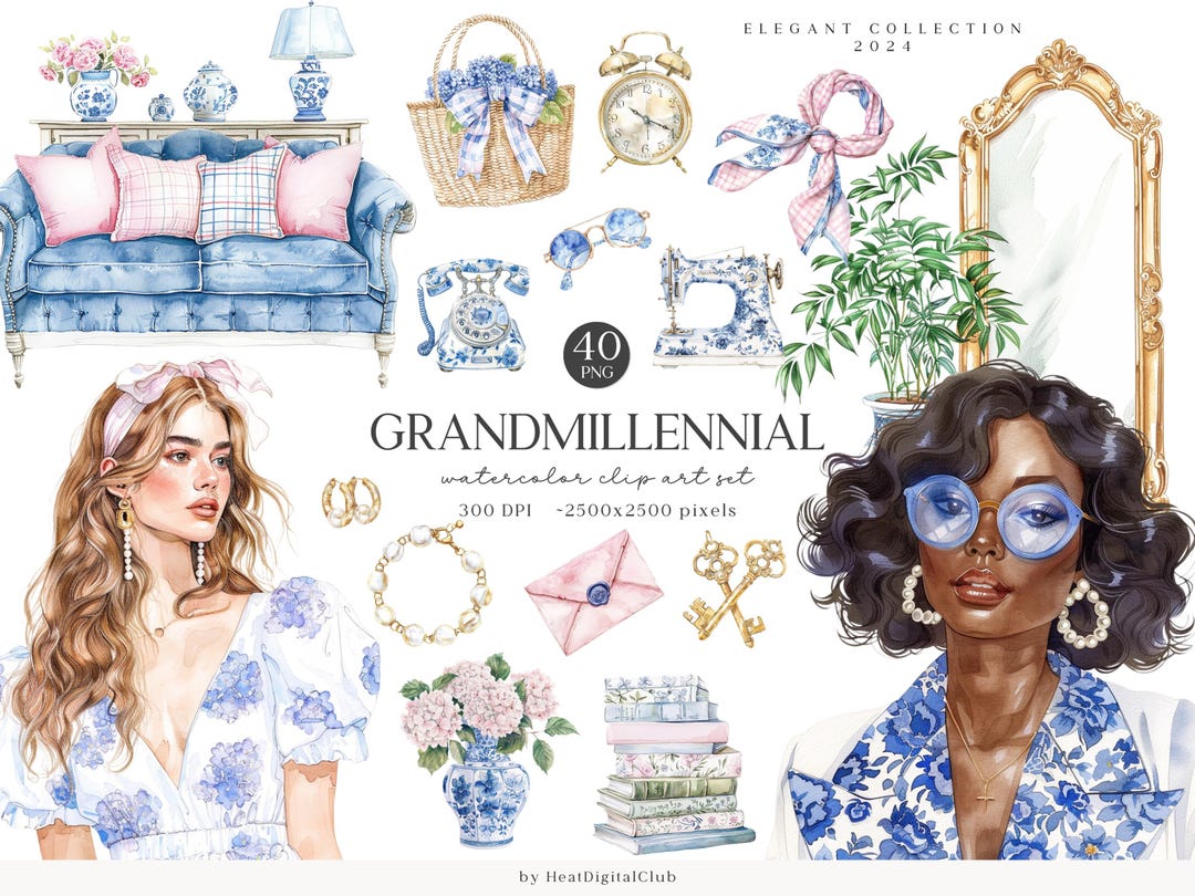 Watercolor Grandmillennial Clipart, Chinoiserie Clip Art, Vintage ...