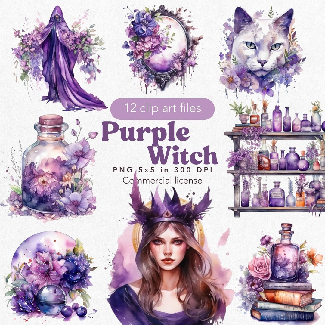 Purple Witch Watercolor Clipart, Witch Clip Art Png, Magic Clip Art ...