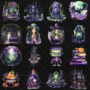 Watercolor Spooky Dark Halloween Witch Clipart Bundle PNG, Witchcraft ...