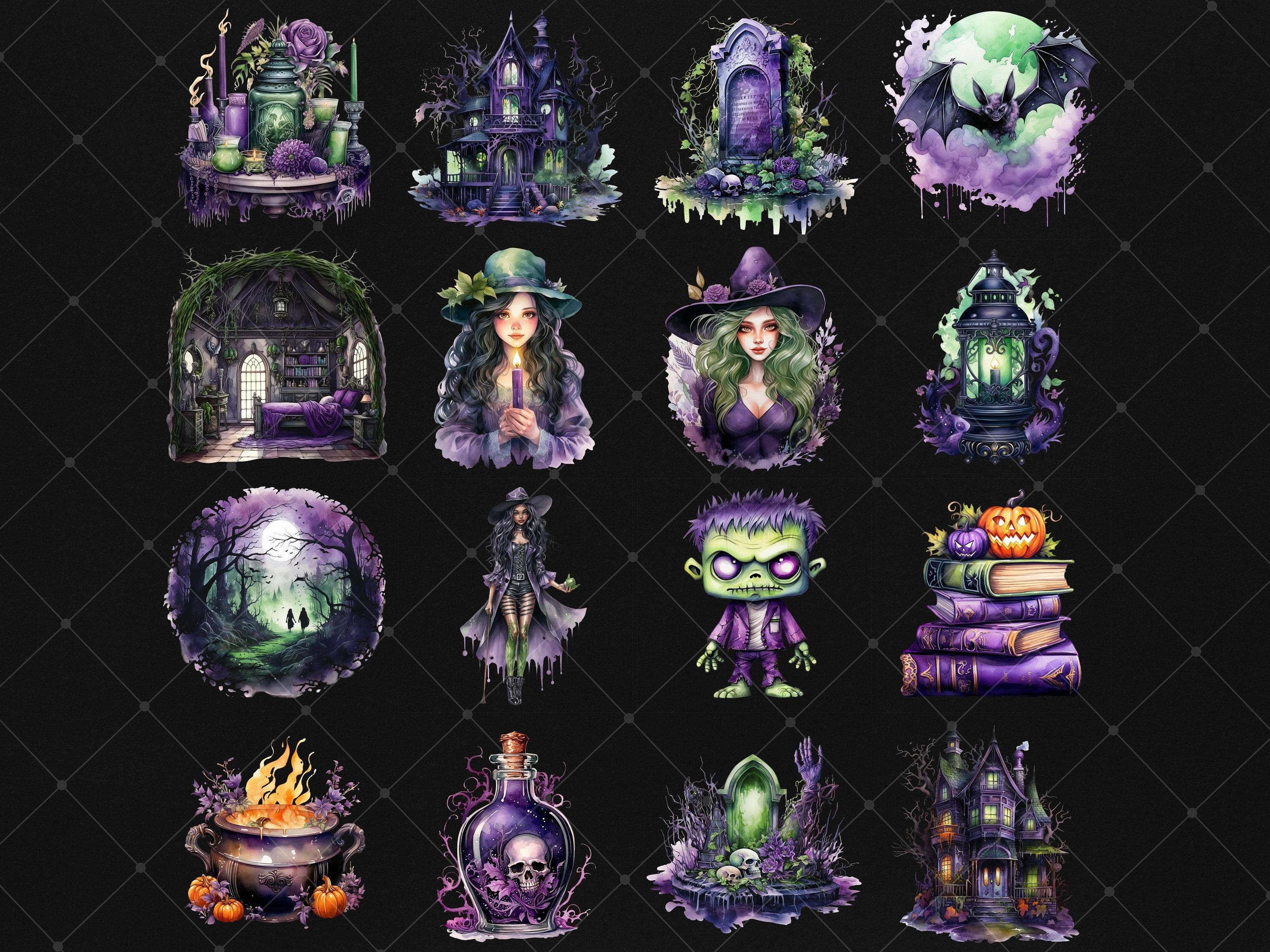 Watercolor Spooky Dark Halloween Witch Clipart Bundle PNG, Witchcraft ...