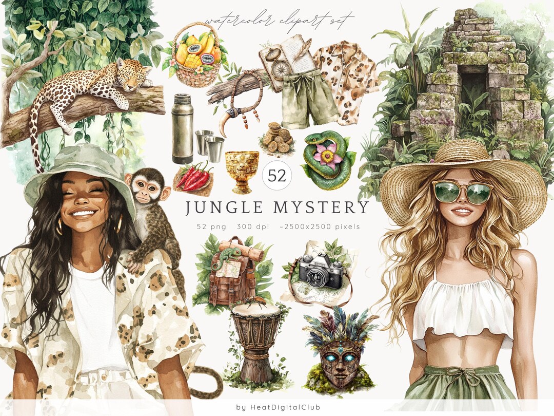 Watercolor Jungle Mystery Clipart, Travel Clipart, Planner Stickers ...