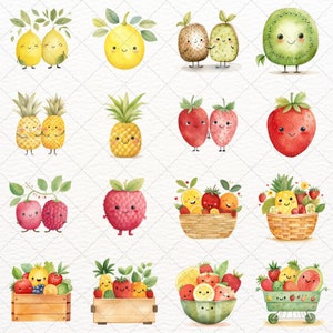 Watercolor Cute Fruits Clipart Bundle, Funny Fruits Berries Clip Art ...