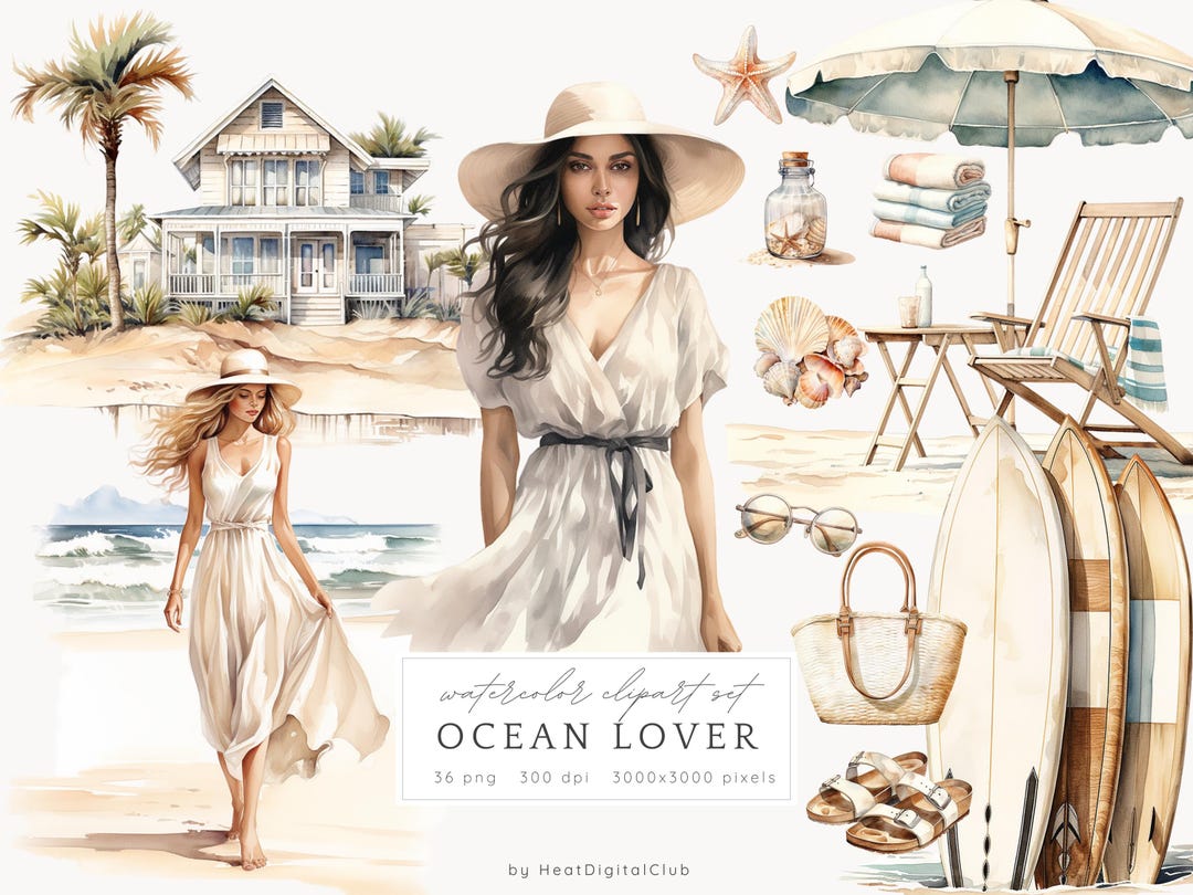 Watercolor Ocean Lover Clipart Bundle, Beach Time PNG Clip Art, Neutral ...