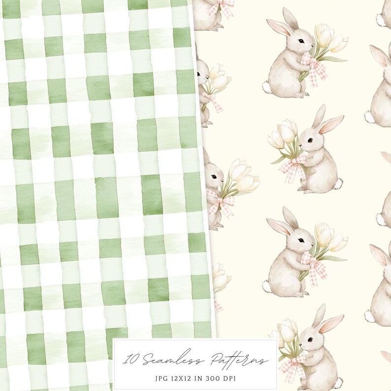 Watercolor Happy Easter Seamless Patterns, Gingham Plaid Pattern JPEG ...