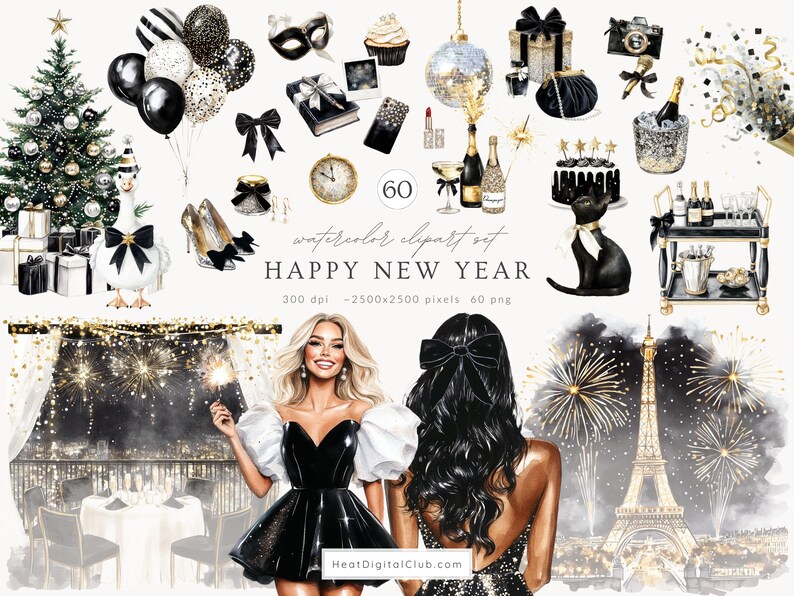 Watercolor Happy New Year Clipart, Black Gold Silver Party PNG, Party ...