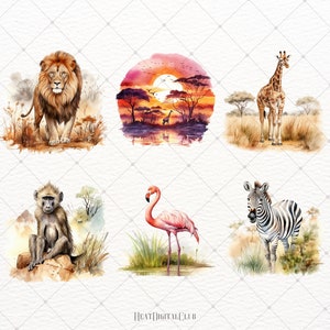 Watercolor African Summer Safari Clipart, Cute Safari Animals and Birds ...