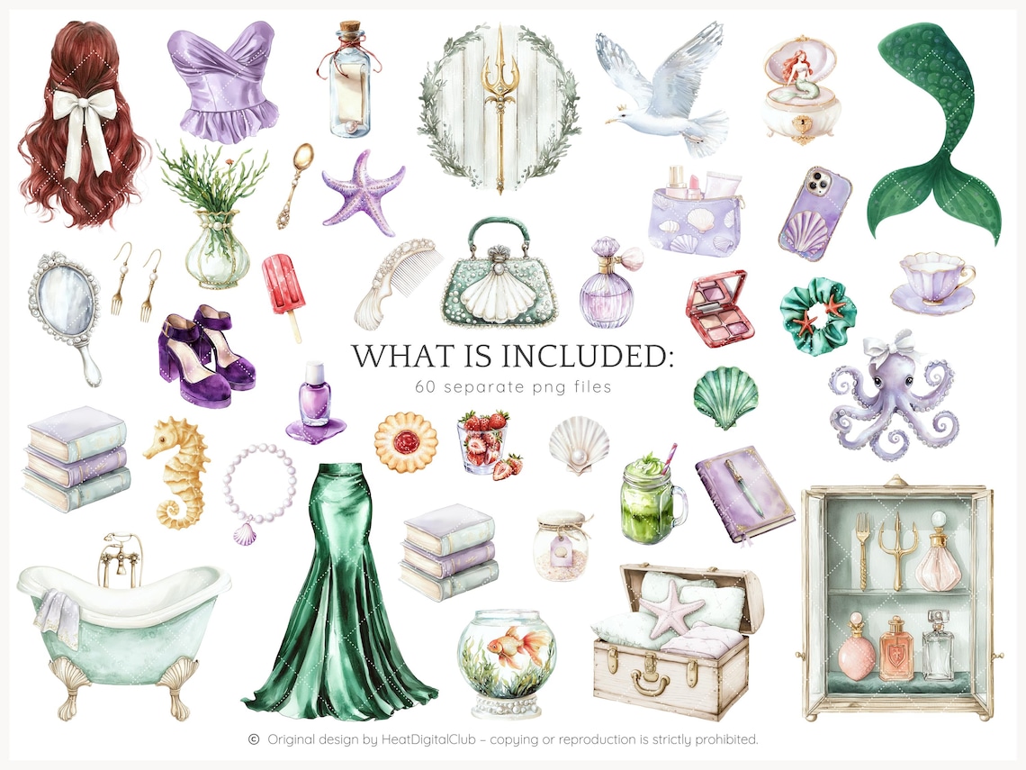 Watercolor Modern Ariel Clipart, Mermaid Clip Art, Ocean PNG, Ariel ...