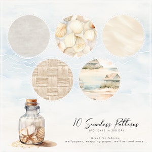 Watercolor Ocean Lover Seamless Patterns, Beach Pattern JPEG, Neutral ...