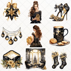 Watercolor Black & Gold Christmas Clipart Bundle, Festive Holiday Clip ...